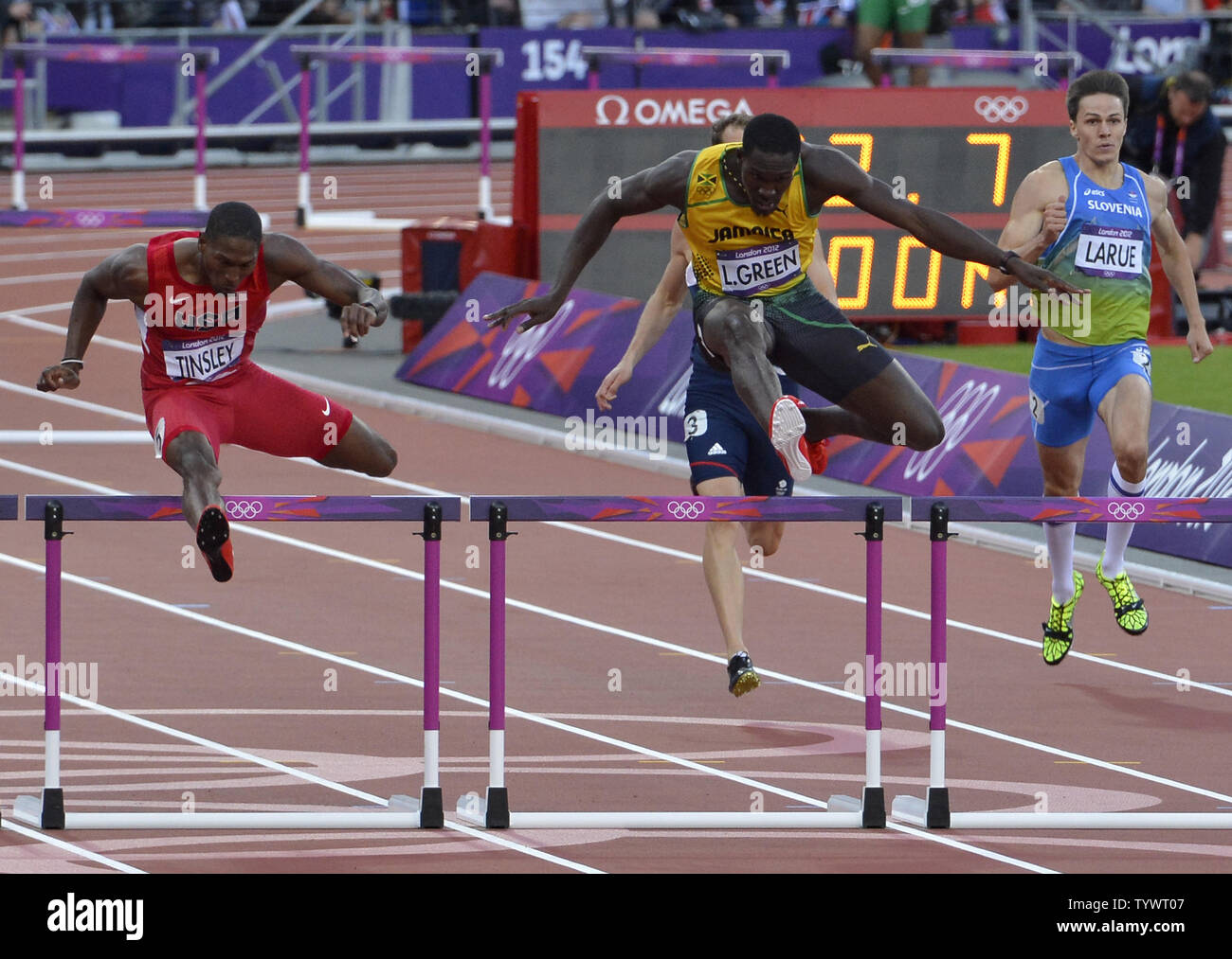 American Michael Tinsley (L) in action along with Jamaica's Leford ...