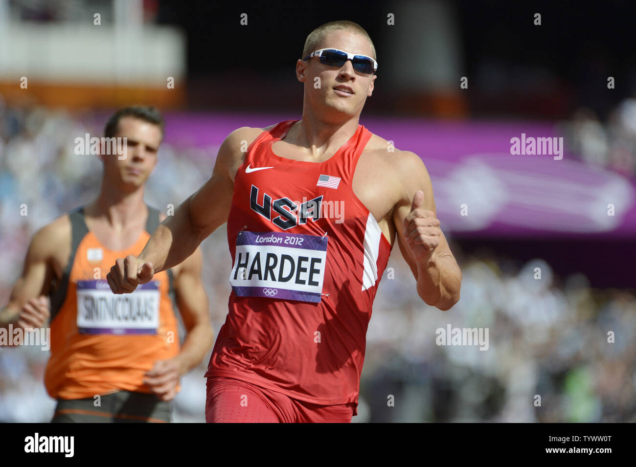 Trey Hardee of the United States finishes the 100M of the Men's ...