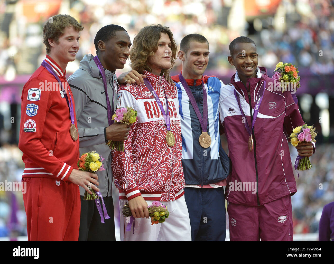 Bronze Medalist Derek Drouin of Canada (L-R), Silver Medalist Erik ...