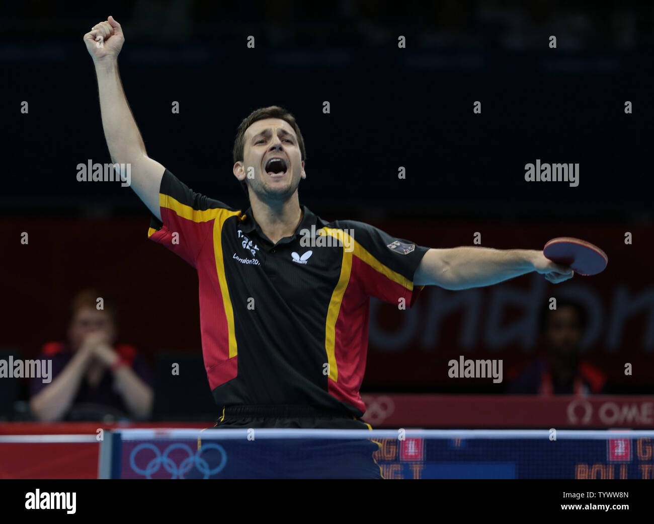 Germany's Timo Boll celebrates victory over Hong Kong China in his ...