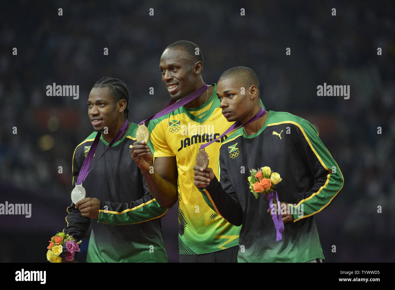 Silver Medalist Yohan Blake (L-R), Gold Medalist Usain Bolt and Bronze ...