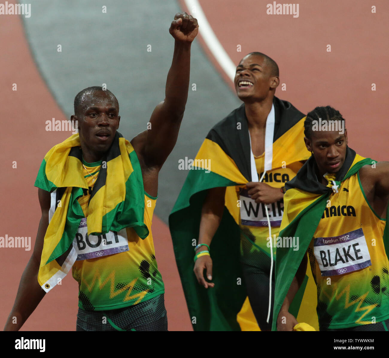 Jamaica's Usain Bolt, Jamaica's Warren Weir and Jamaica's Yohan Blake ...