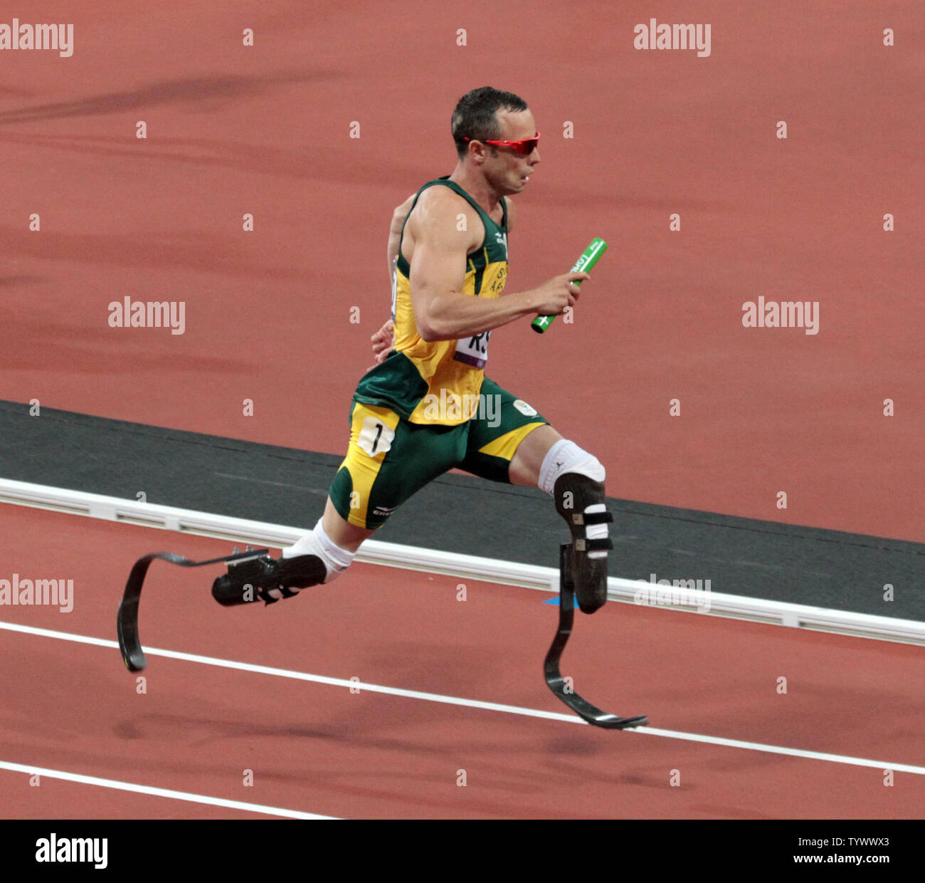 South Africa's Oscar Pistorius runs in the Men's 4x400 metres final on ...