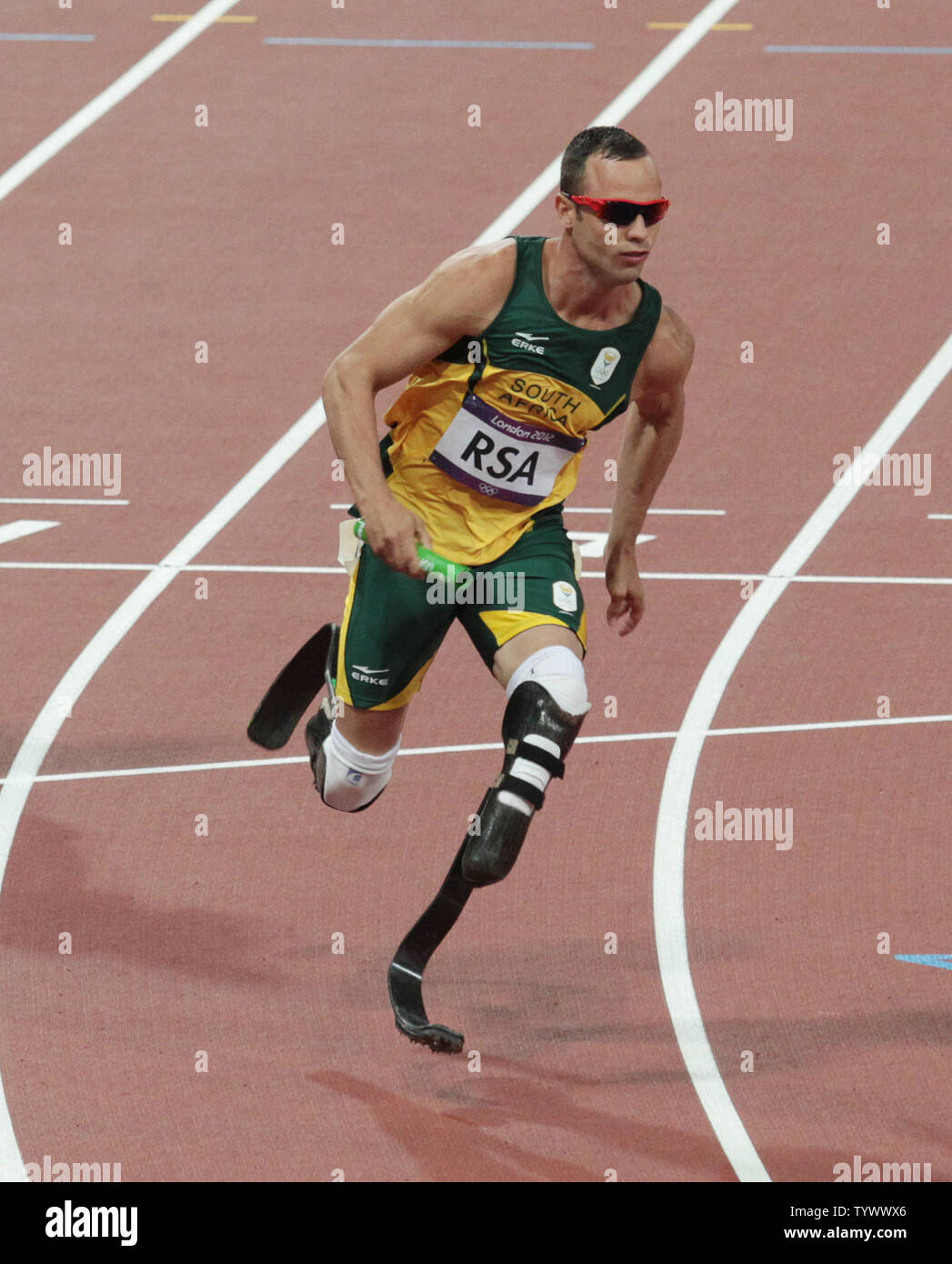 South Africa's Oscar Pistorius runs in the Men's 4x400 metres final on ...
