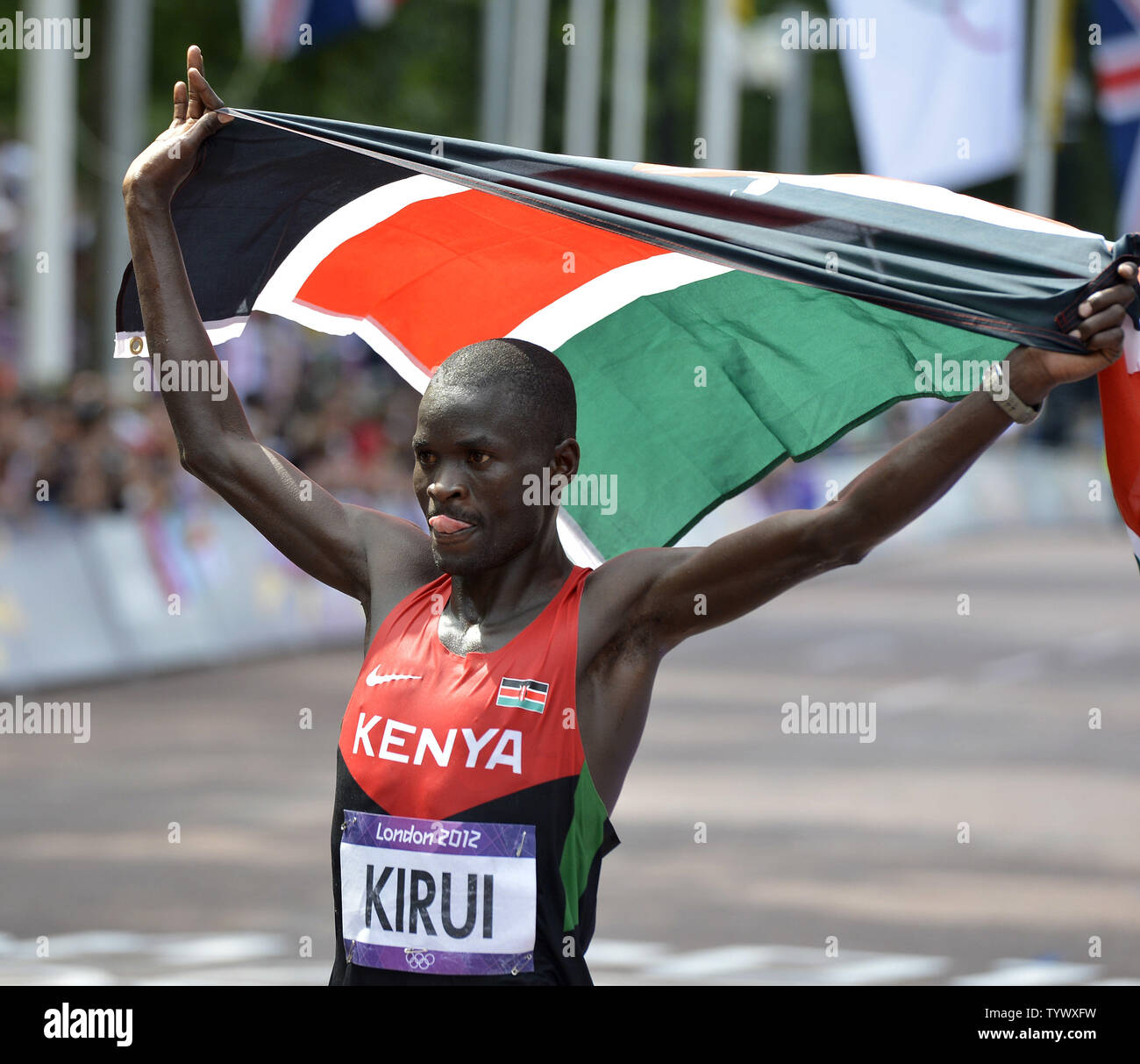 Silver Medalist Abel Kirui of Kenya celebrates after the Men's Marathon ...