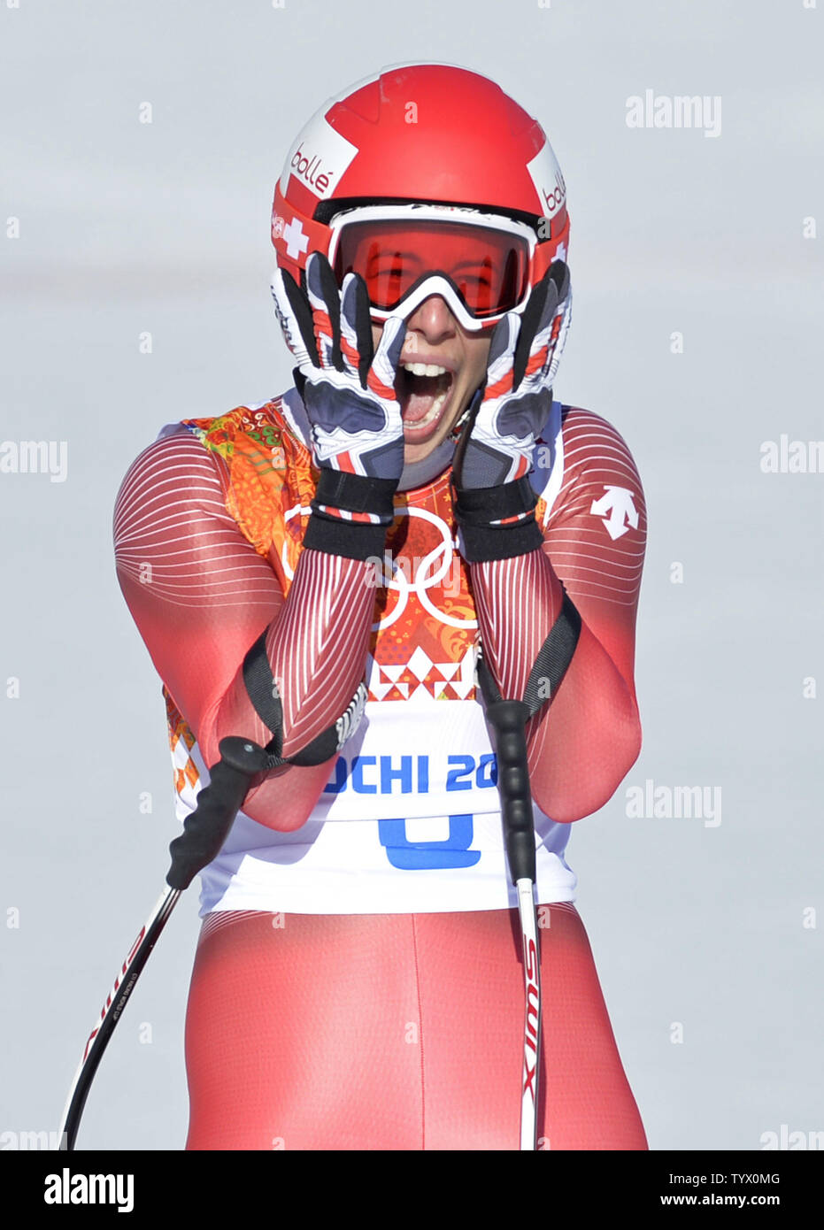 Switzerland's Dominique Gisin reacts after winning gold in the ladies ...
