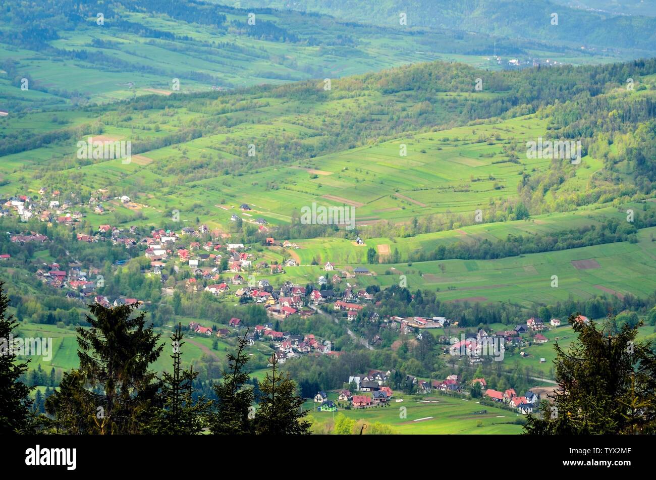 Beautiful spring green landscape. View of the charming villages in the ...