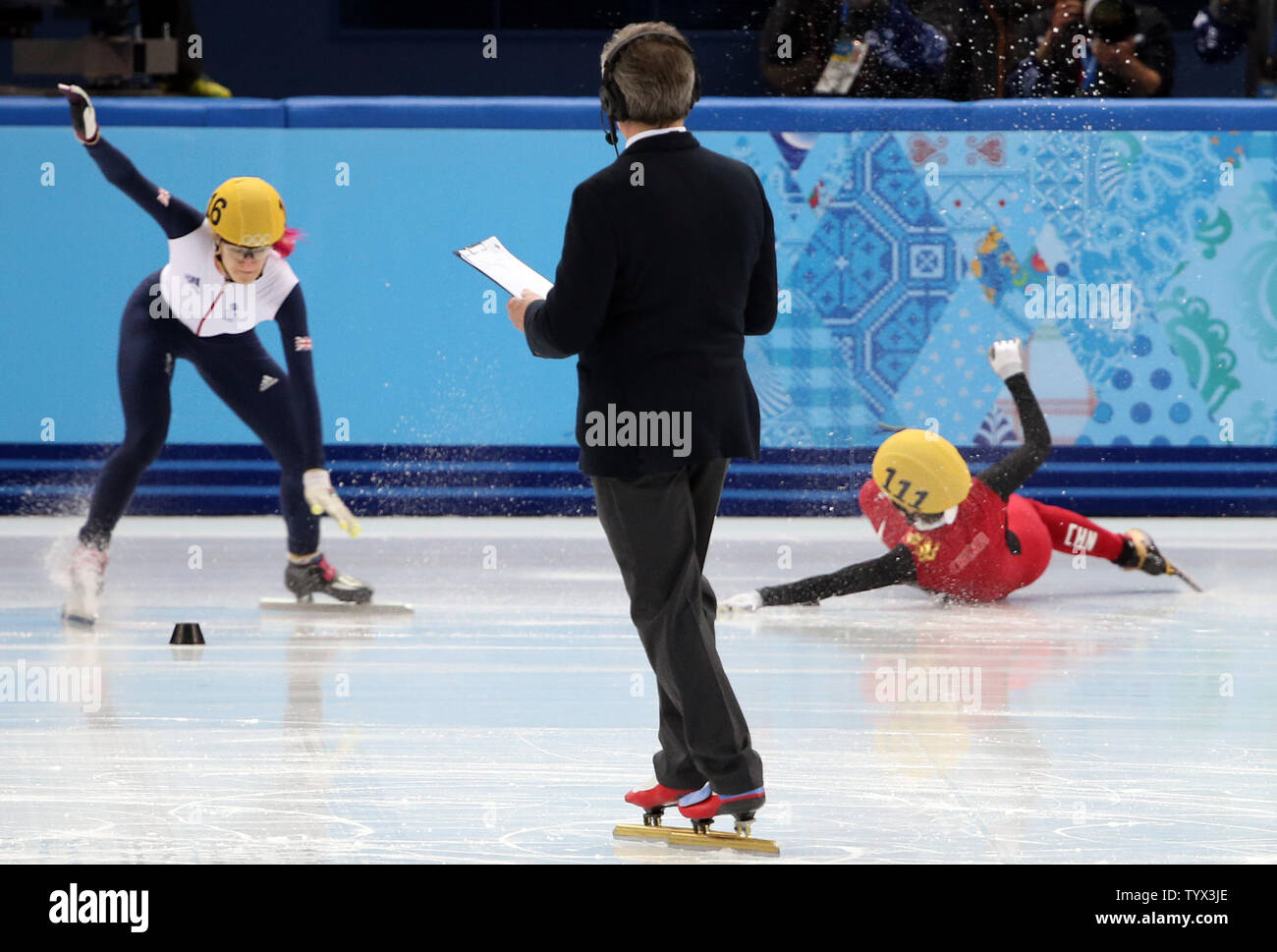 China's Li Jianrou and Great Britain's .Elise Christie fall during the ...