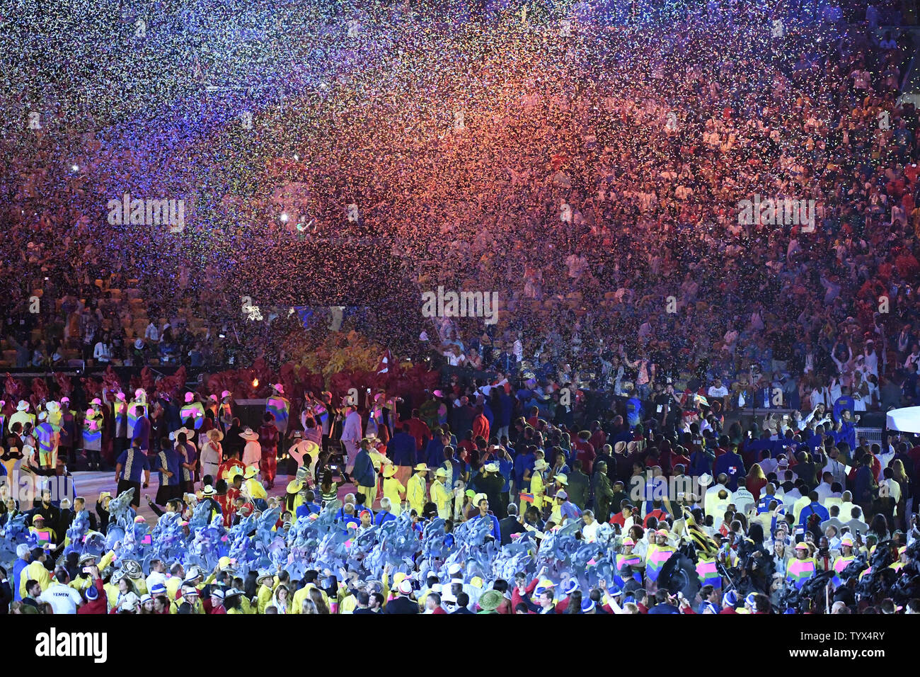 Confetti rains down at the close of the Opening Ceremony of the 2016 ...
