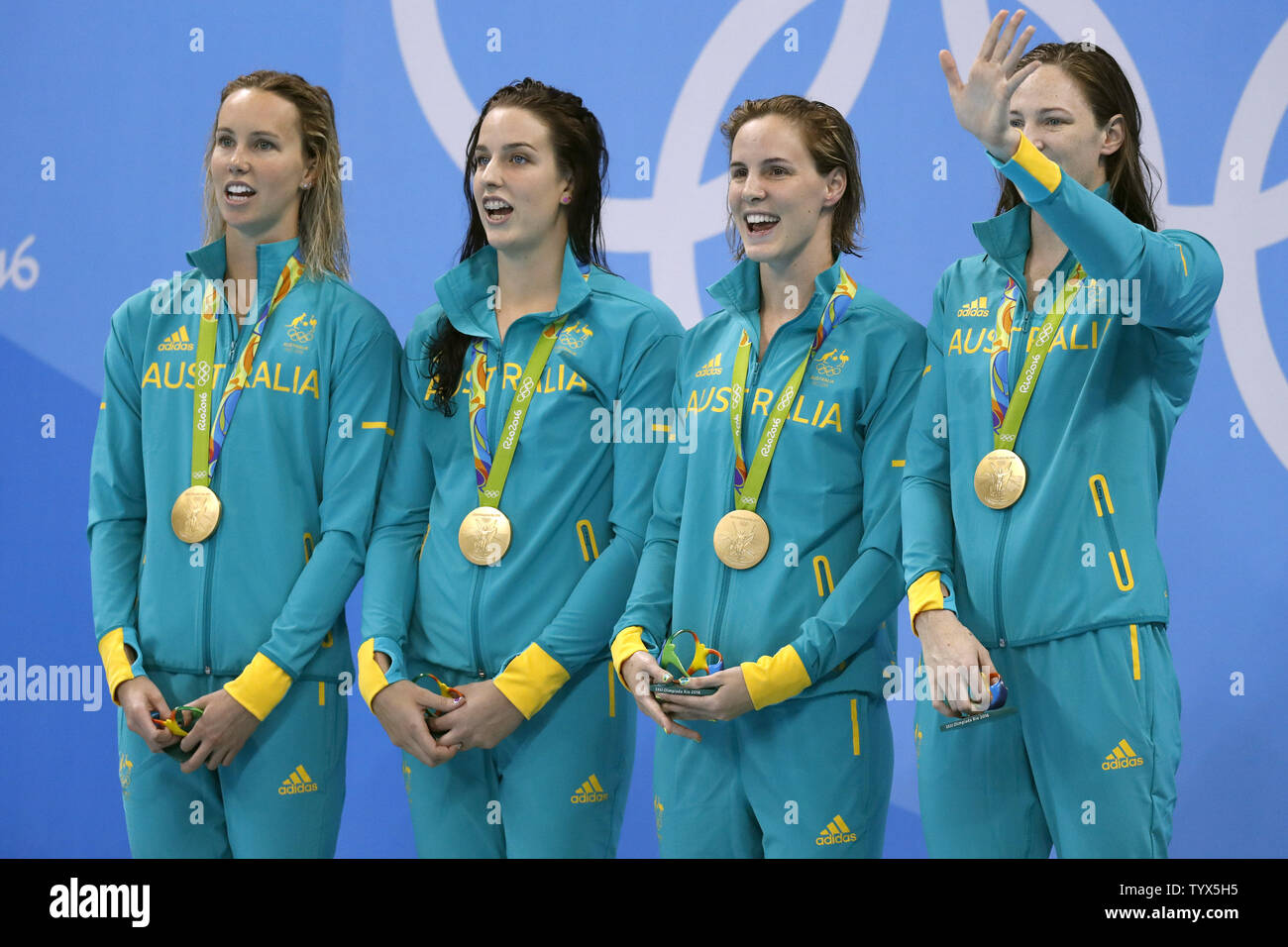 Australia's 4x100M relay team from left in the Olympic Aquatics Stadium ...
