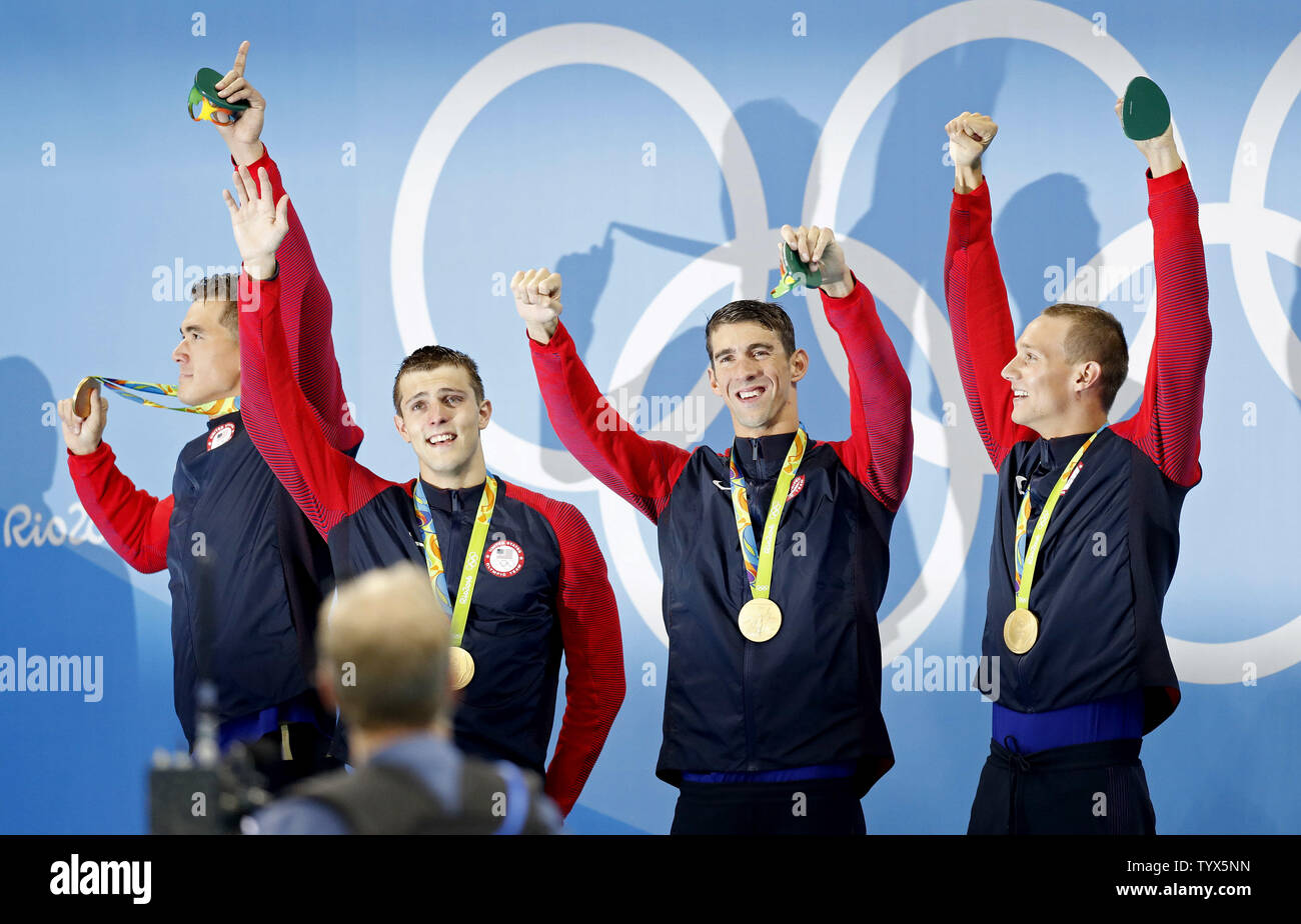 Americans Nathan Adrian, Ryan Held, Michael Phelps and Caeleb Dressell ...
