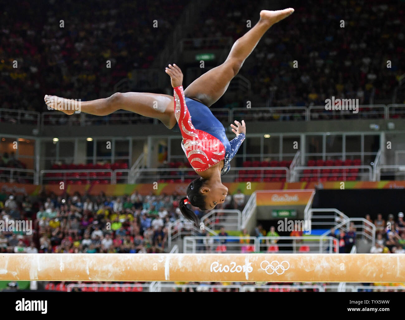 American gymnast Simone Biles competes in the balance beam ...
