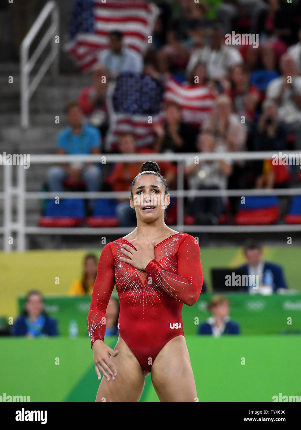 Aly Raisman of the United States reacts after a routine at the Women's ...