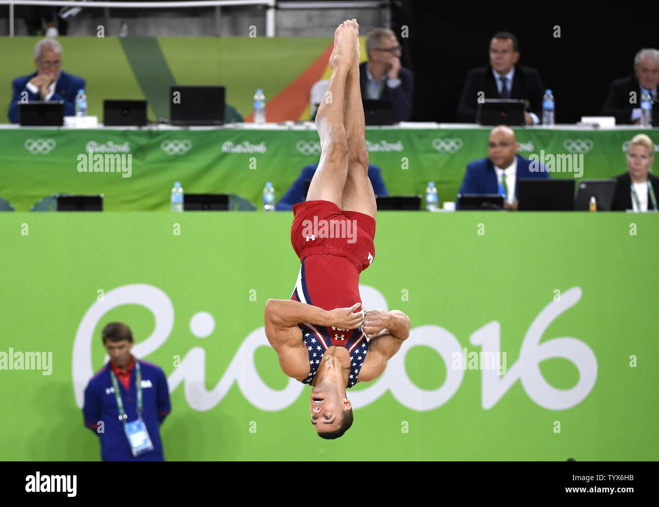 American gymnast Jacob Dalton performs his routine in the Floor ...
