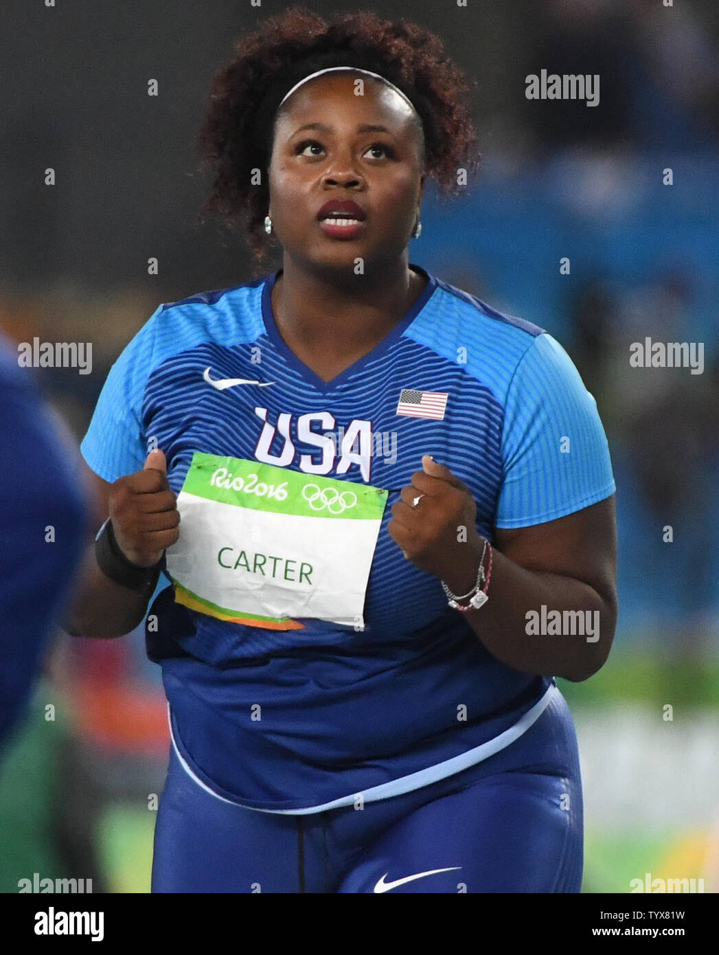 Michelle Carter of the USA reacts to her final throw in the shot put in ...