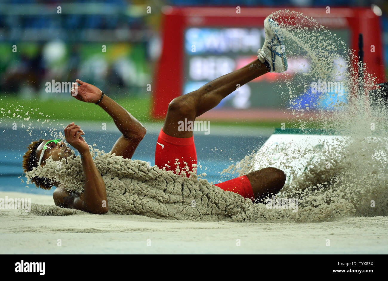 Tyrone Smith of Bermuda competes in the Long Jump qualifying round at ...