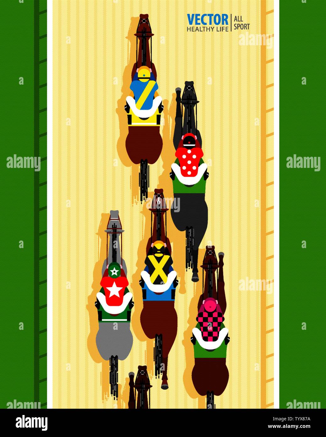 Six racing horses competing with each other. Banner. Universal template ...