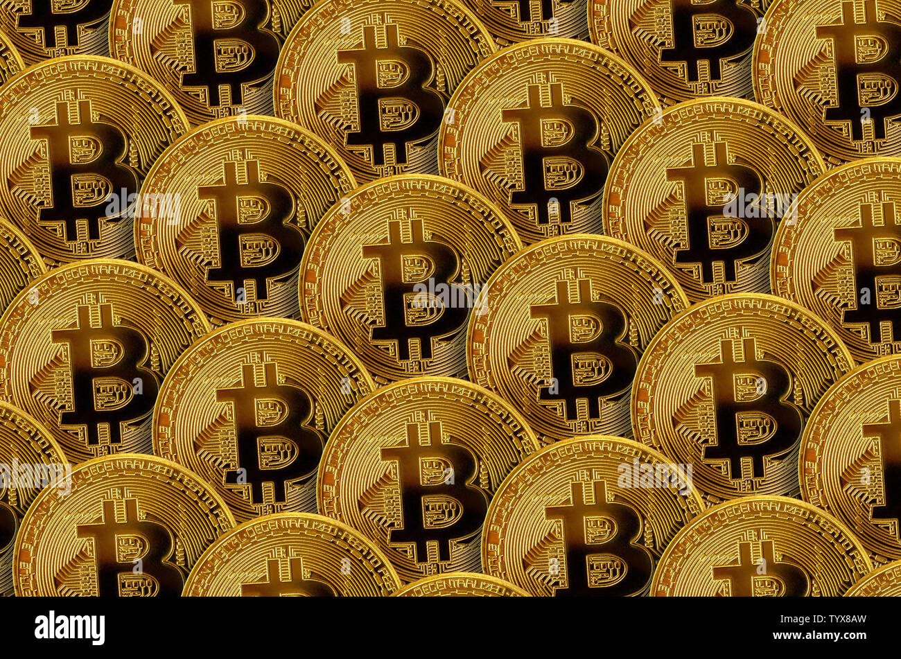Pattern of many golden bitcoins. Background image for cryptocurrency ...