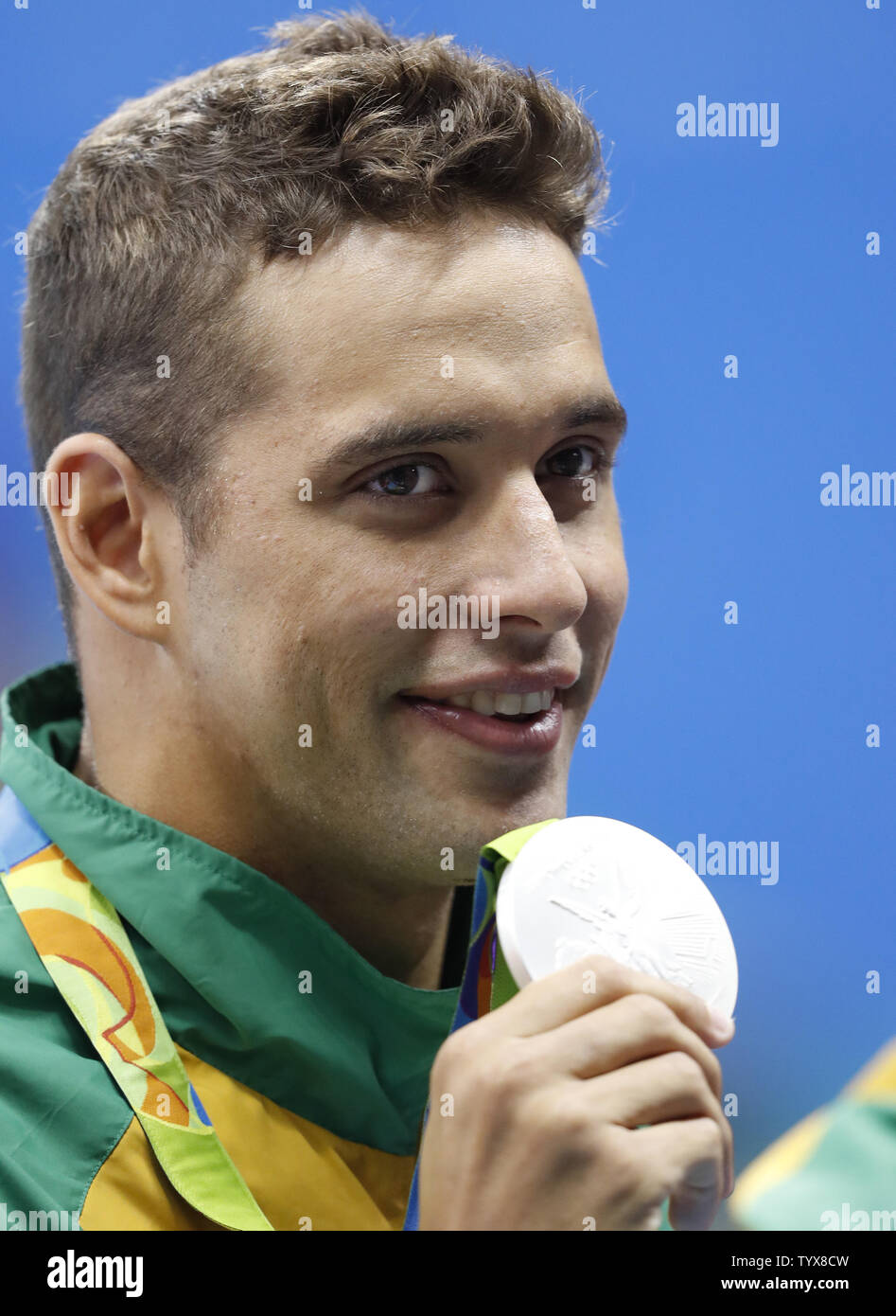 Chad Guy Bertrand Le Clos of South Africa shows off his silver medal ...