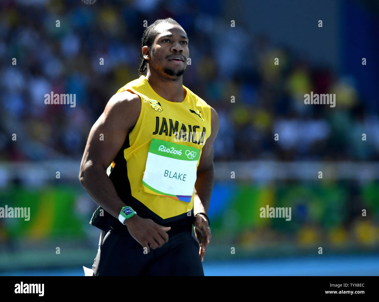 Yohan Blake of Jamaica runs in the 100m round 1 at the 2016 Rio Summer ...