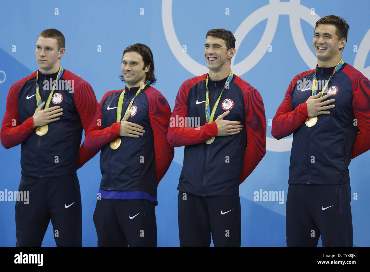 Gold medalists Ryan Murphy, Cody Miller, Michael Phelps and Nathan ...
