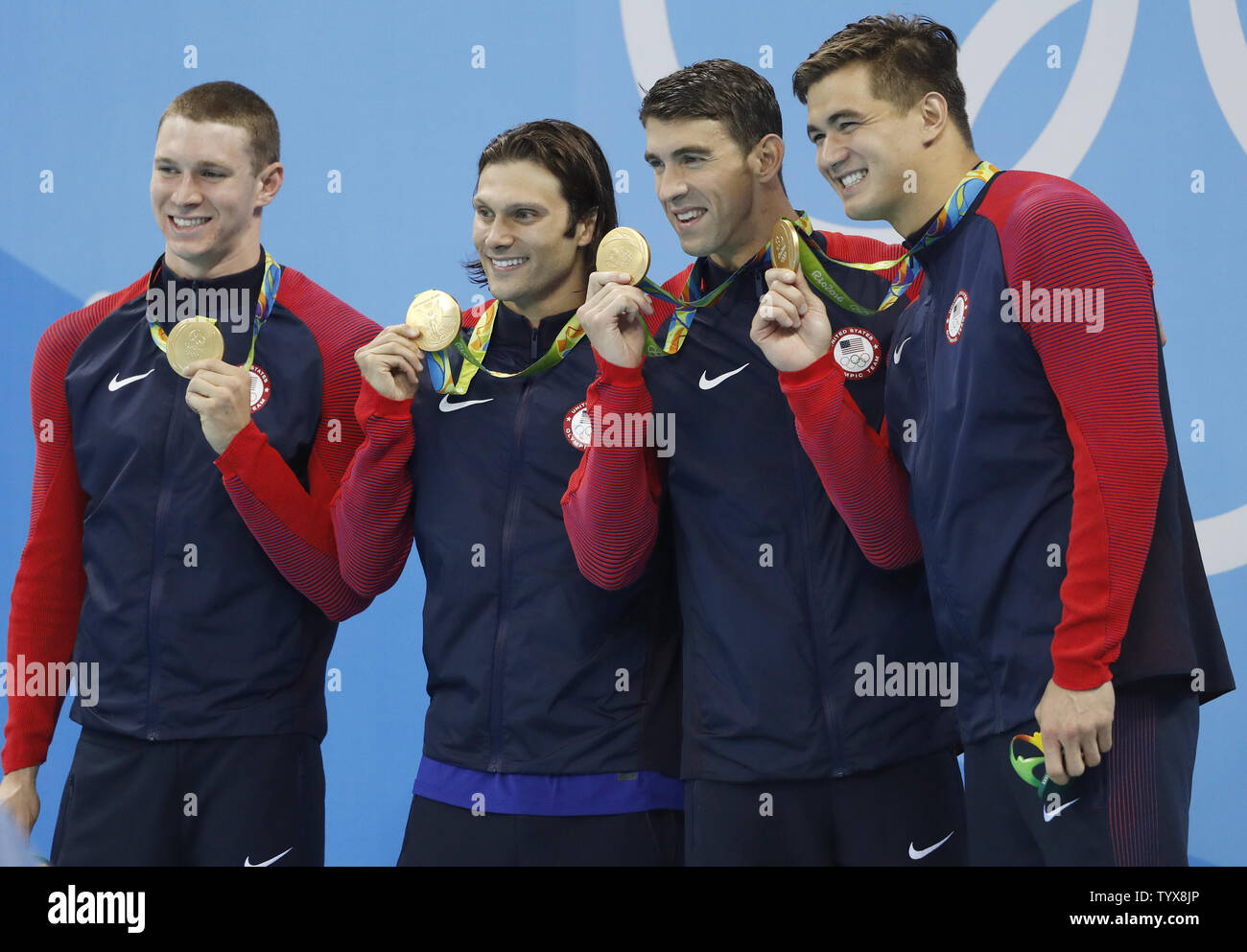 Gold medalists Ryan Murphy, Cody Miller, Michael Phelps and Nathan ...