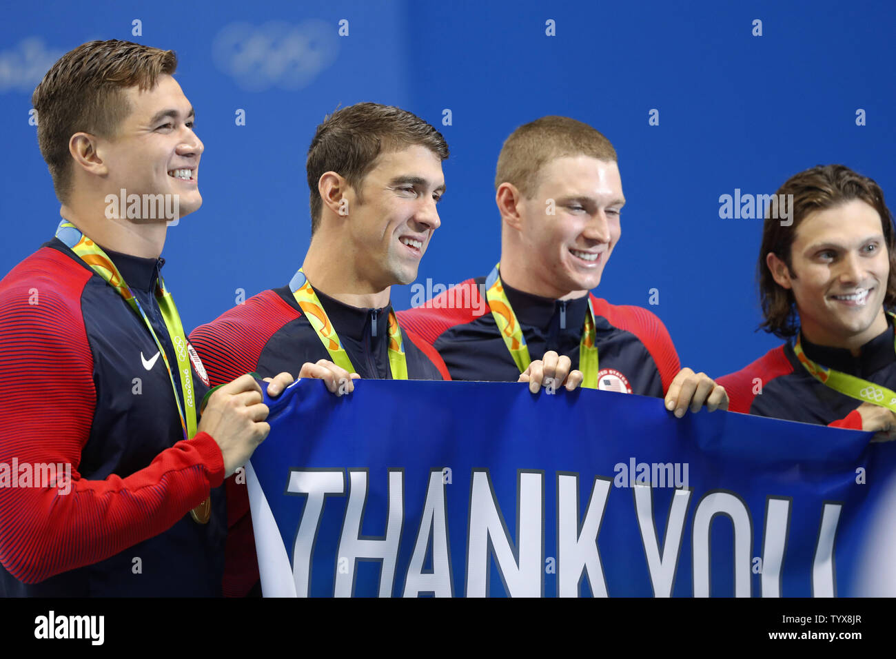 Gold medalists Ryan Murphy, Cody Miller, Michael Phelps and Nathan ...