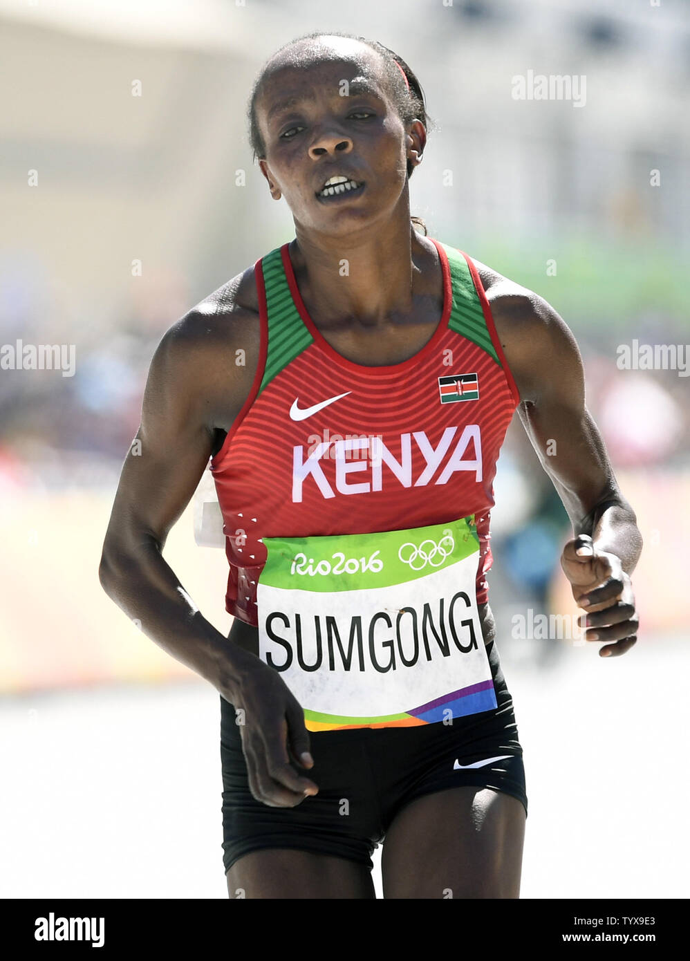 Kenyan Jemima Jelagat Sumgong heads to the finish line to take the Gold ...