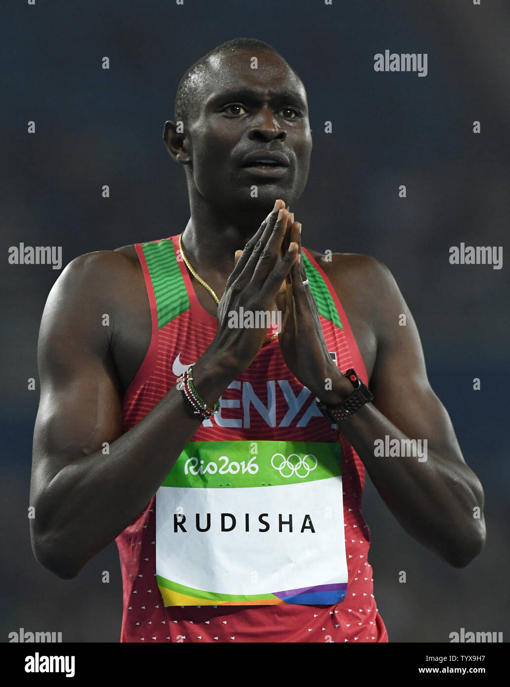 David Lekuta Rudisha of Kenya offers thanks after winning the Men's ...
