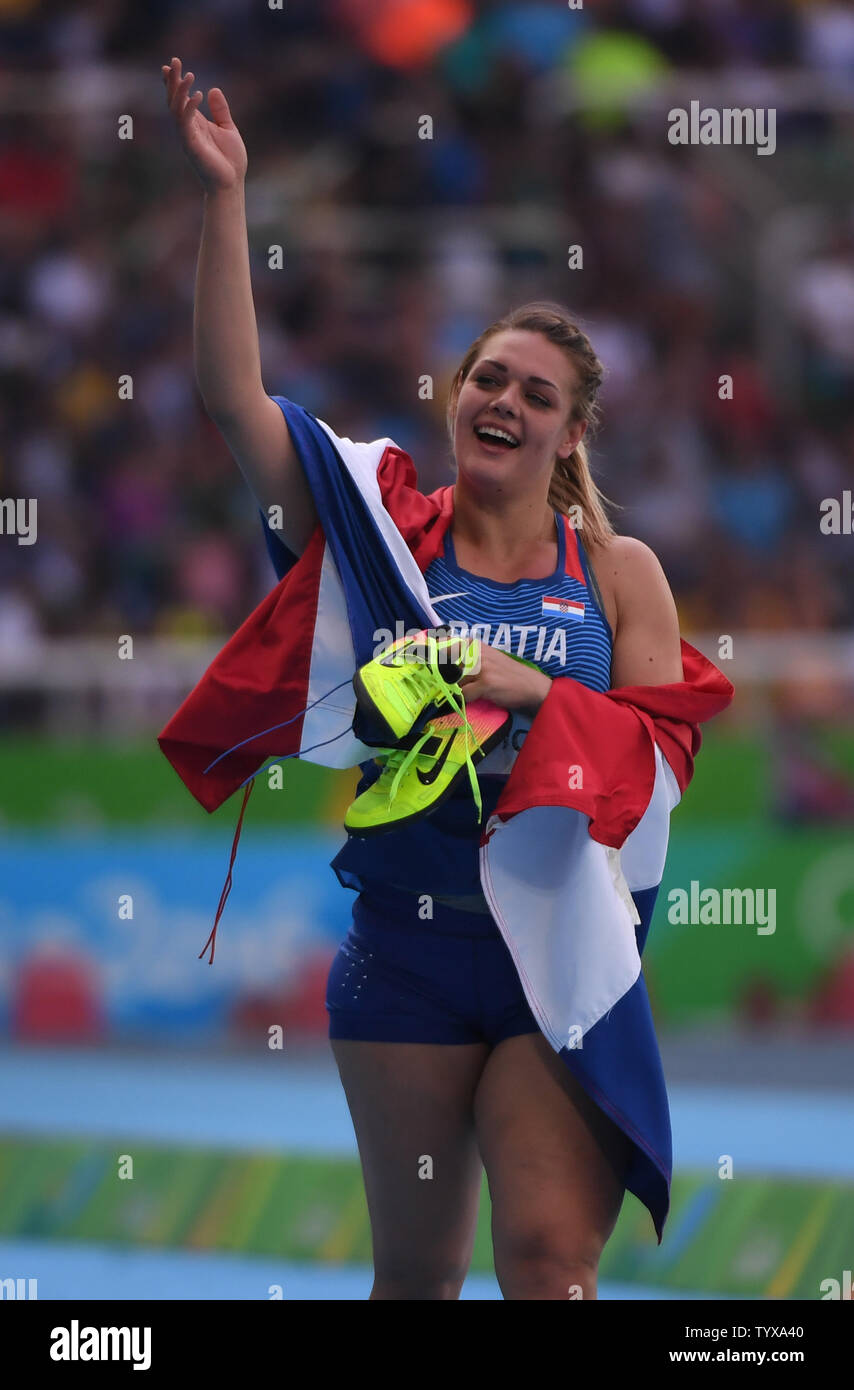 Sandra Percovic of Croatia celebrates her gold medal in the Discus ...