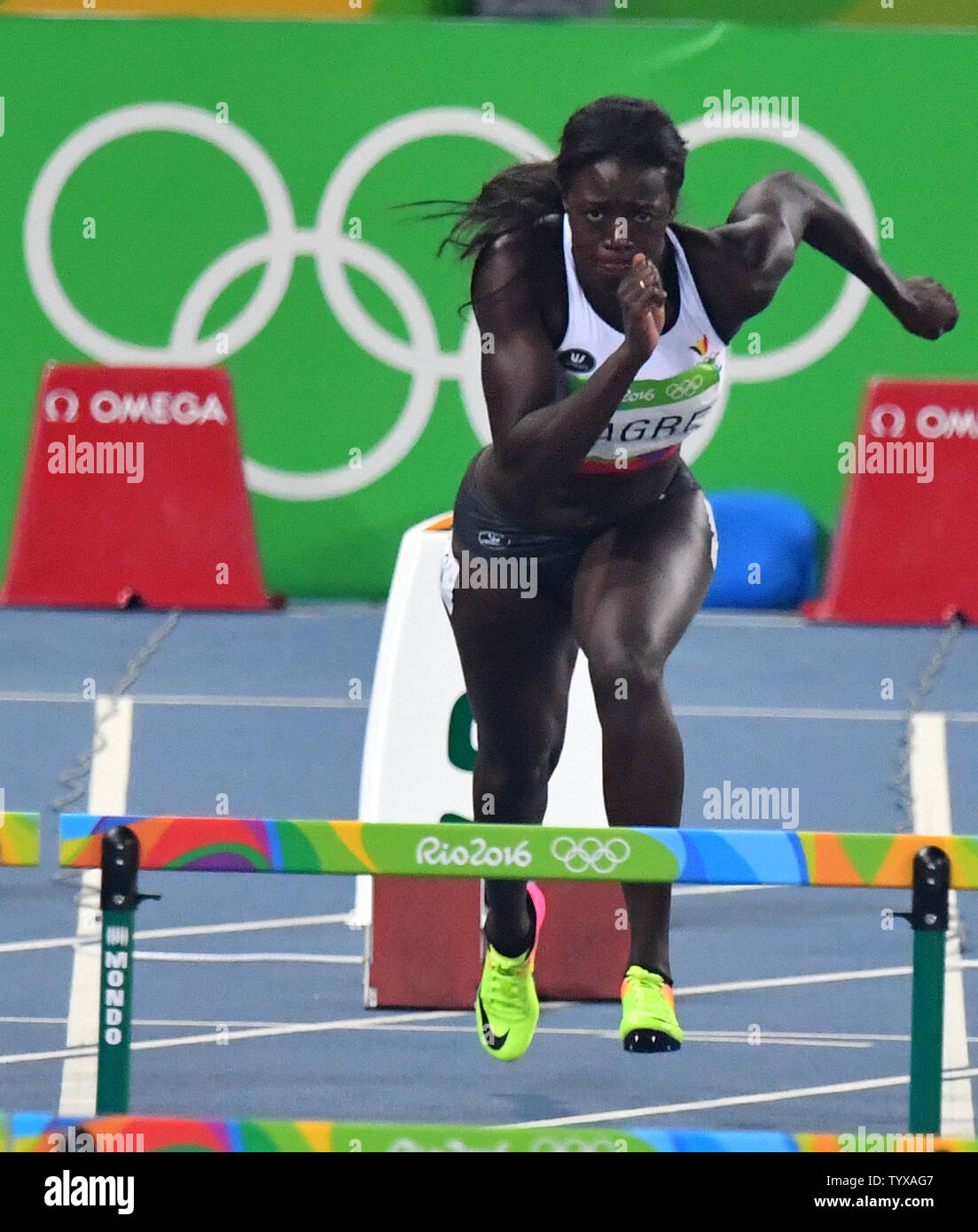 Anne Zagre of Belgium competes in the Women's 100m Hurdles Semifinals ...