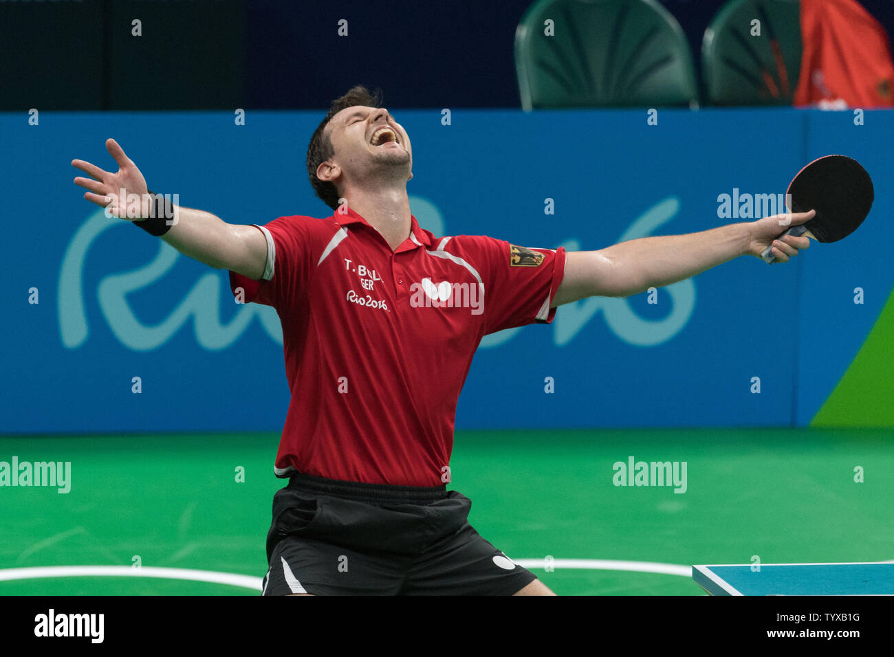 Timo Boll of Germany celebrates after defeating Saehyuk Joo of South ...