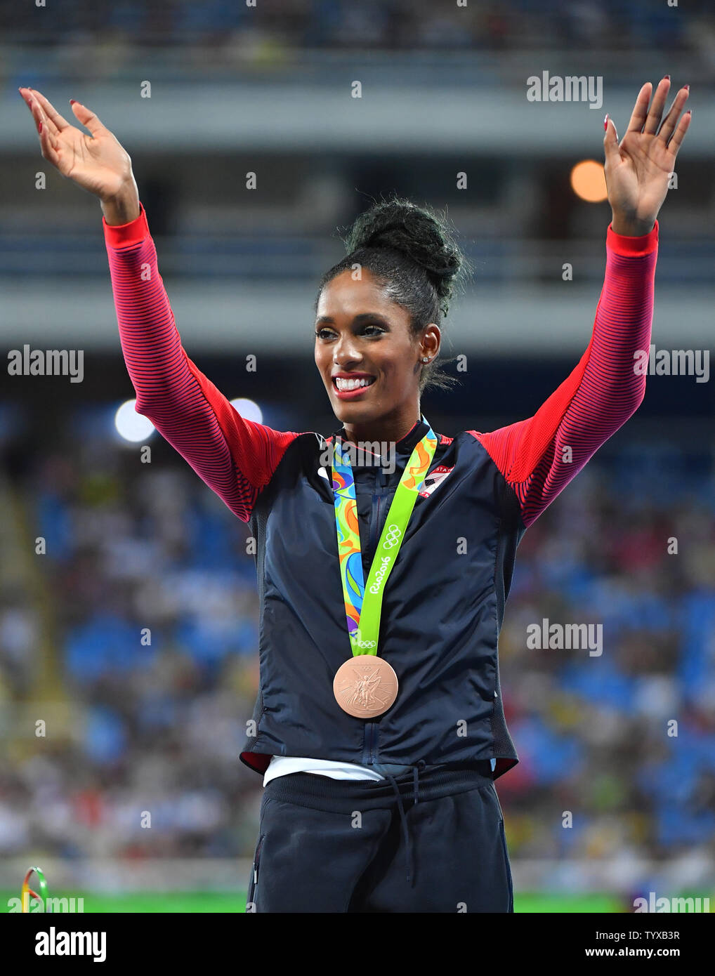 Bronze medalist Kristi Castlin of the United States holds her medal at ...