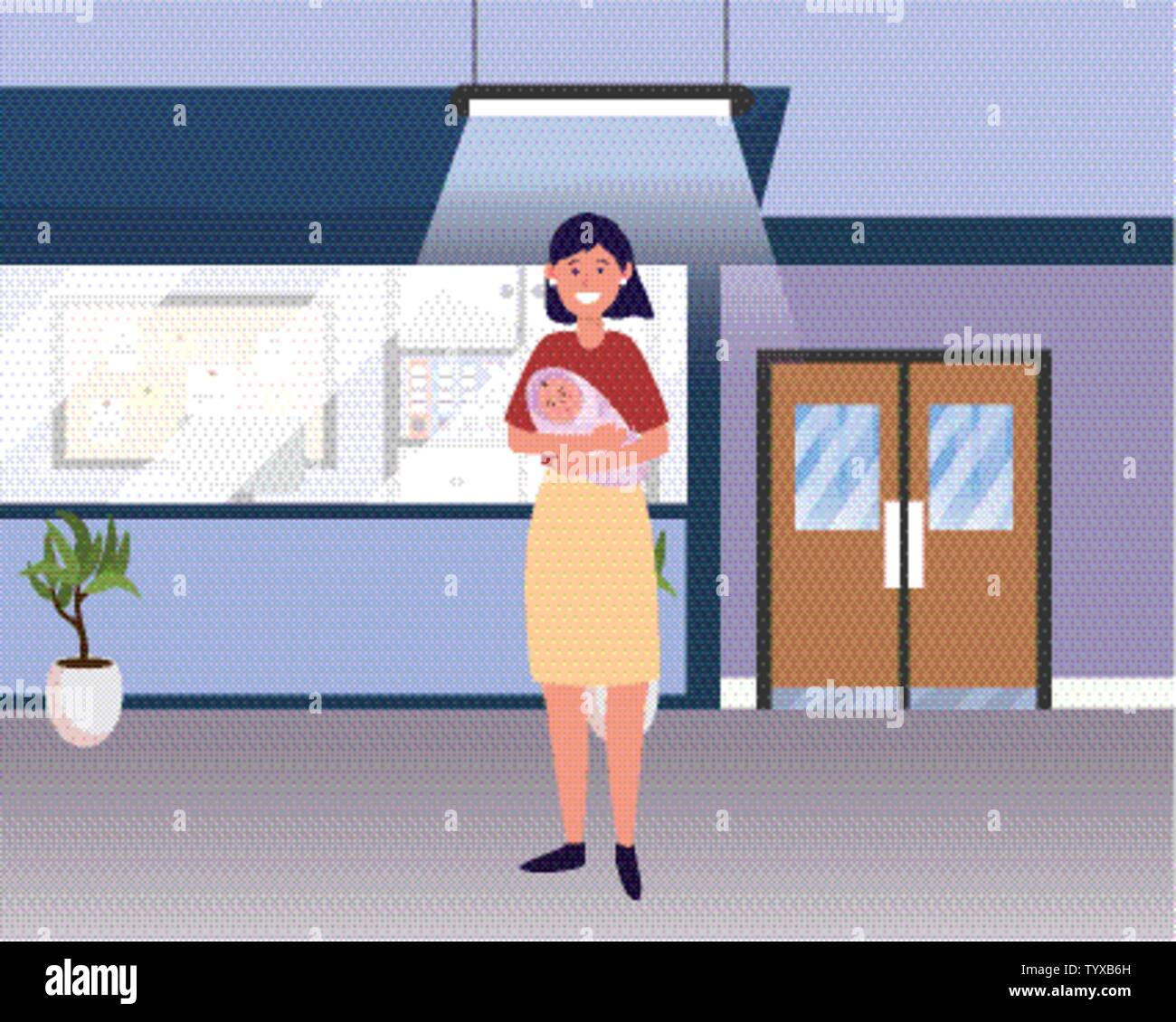 family baby care mom woman with baby at medical hospital room cartoon ...