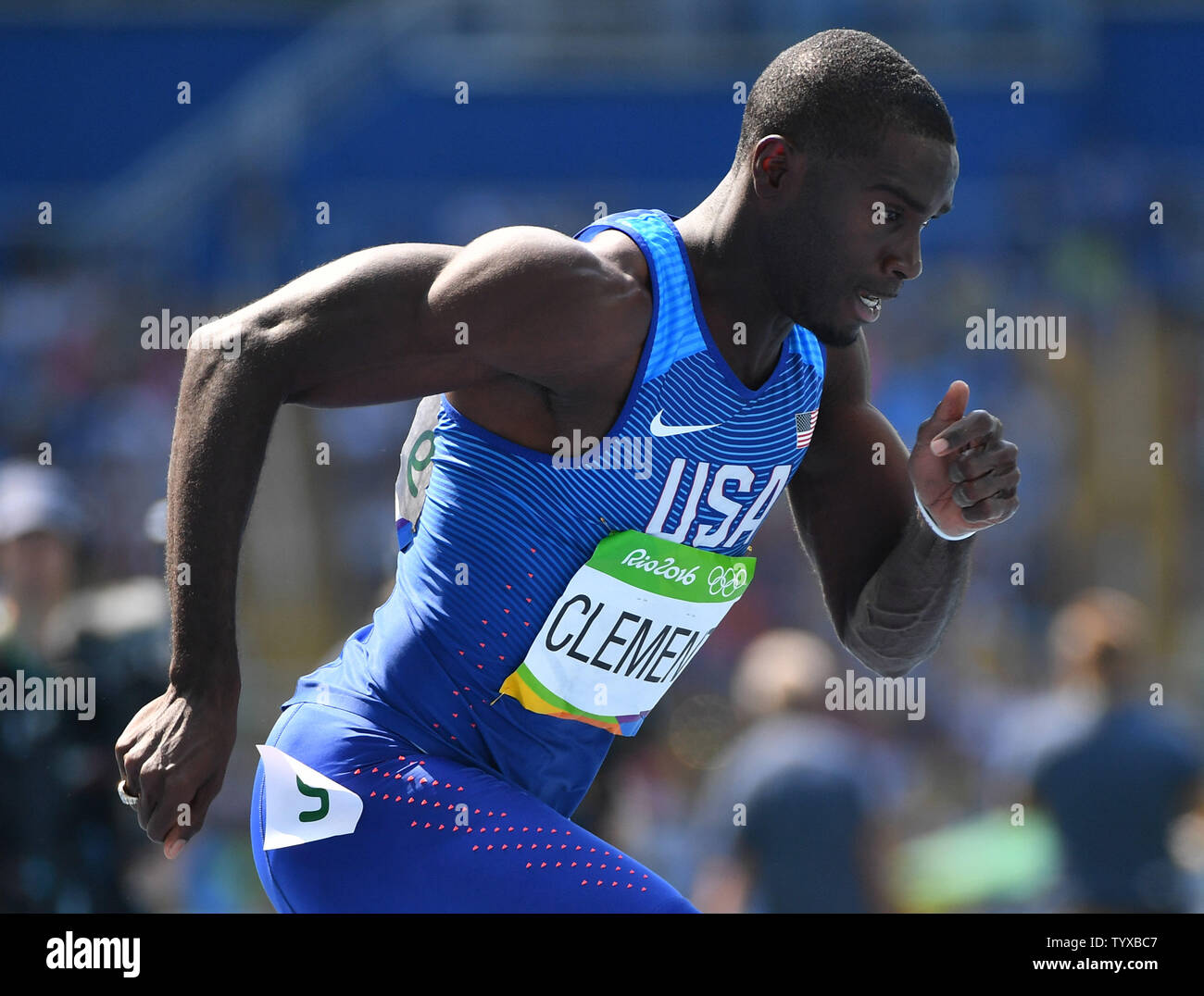 Kerron Clement of the United States races in the Men's 400m Hurdles at ...