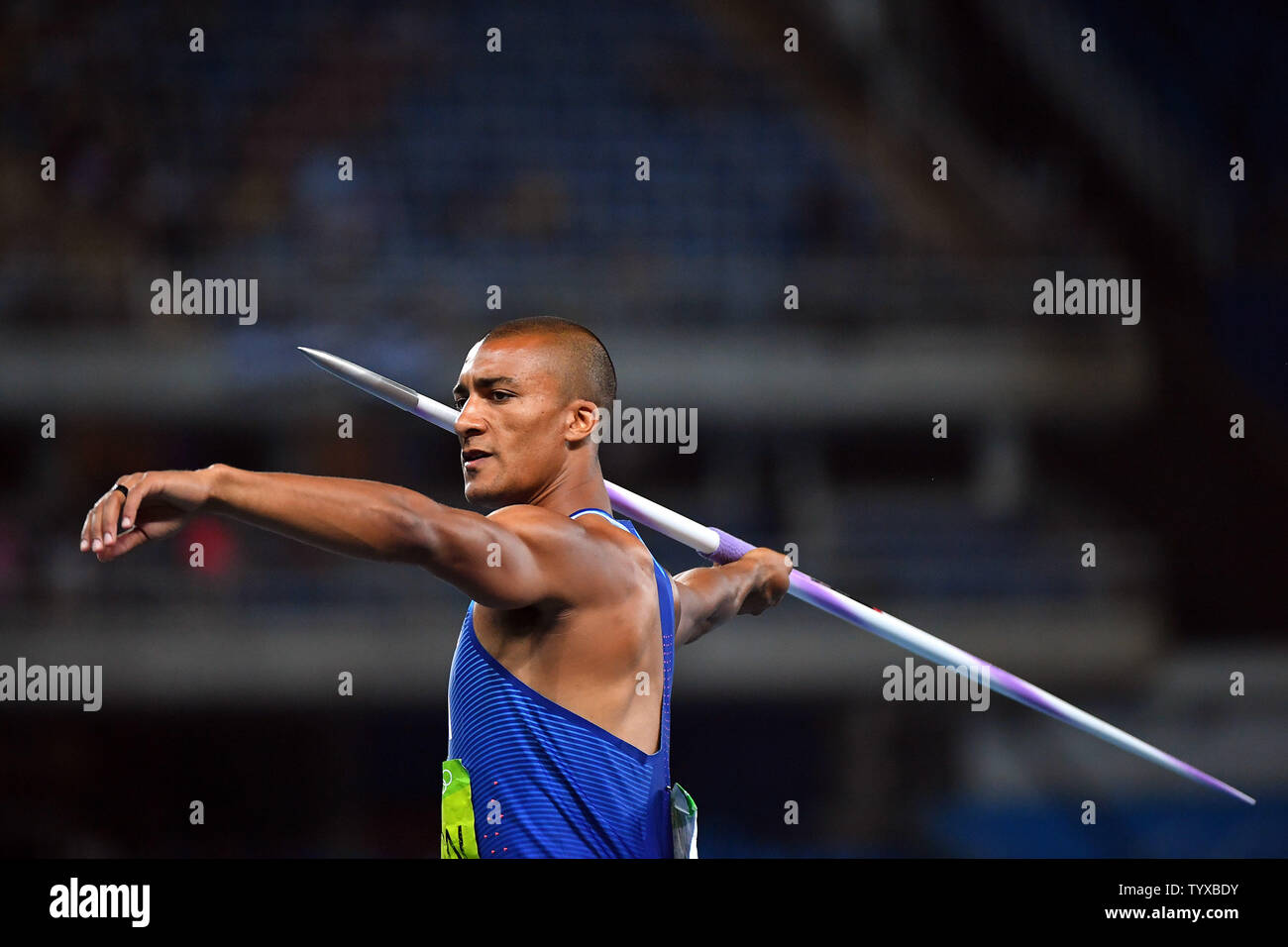Ashton Eaton of the United States participate in the javelin throw ...