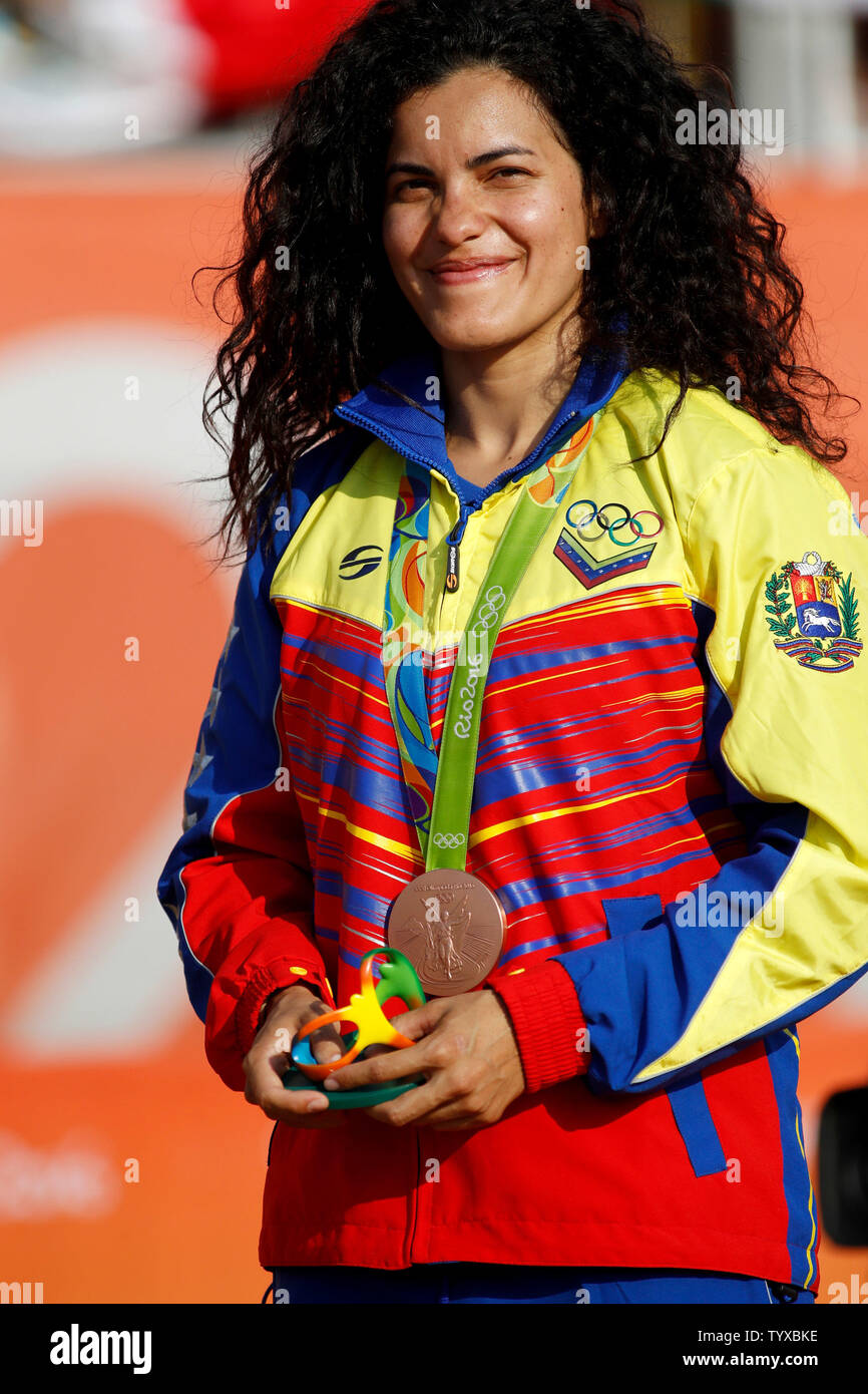 Venezuela's Stefany Hernandez smiles from the podium after receiving ...