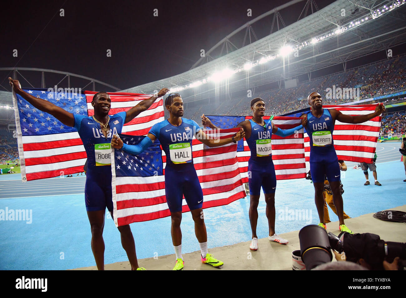 Lashawn Merritt, Gil Roberts, Tony McQuay and Arman Hall of the United ...
