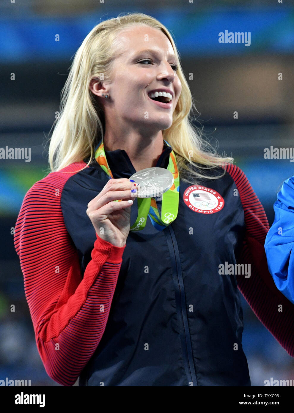 Silver medalist Sandi Morris of the United States stands on the podium ...