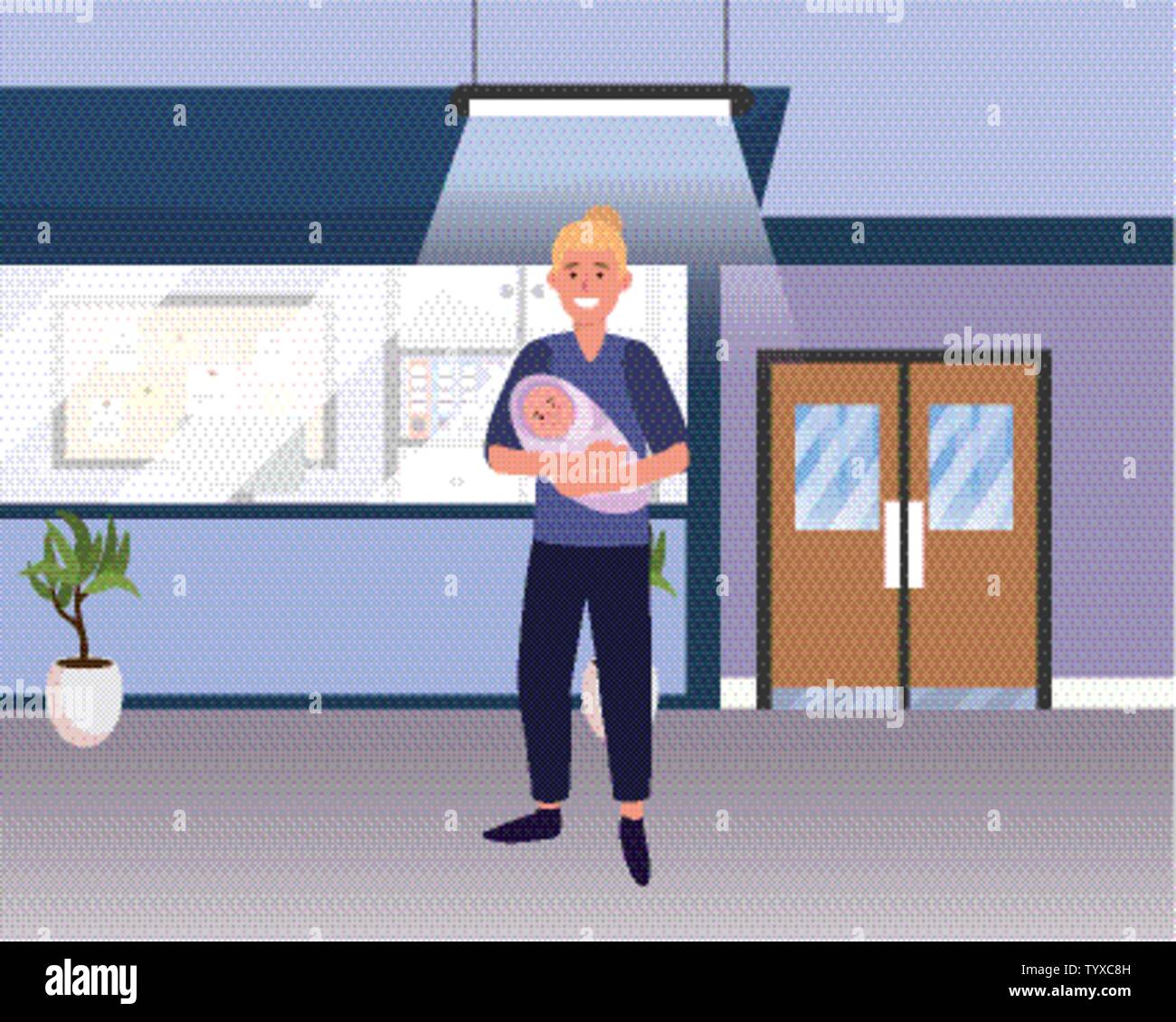 family baby care father man with baby at medical hospital room cartoon ...