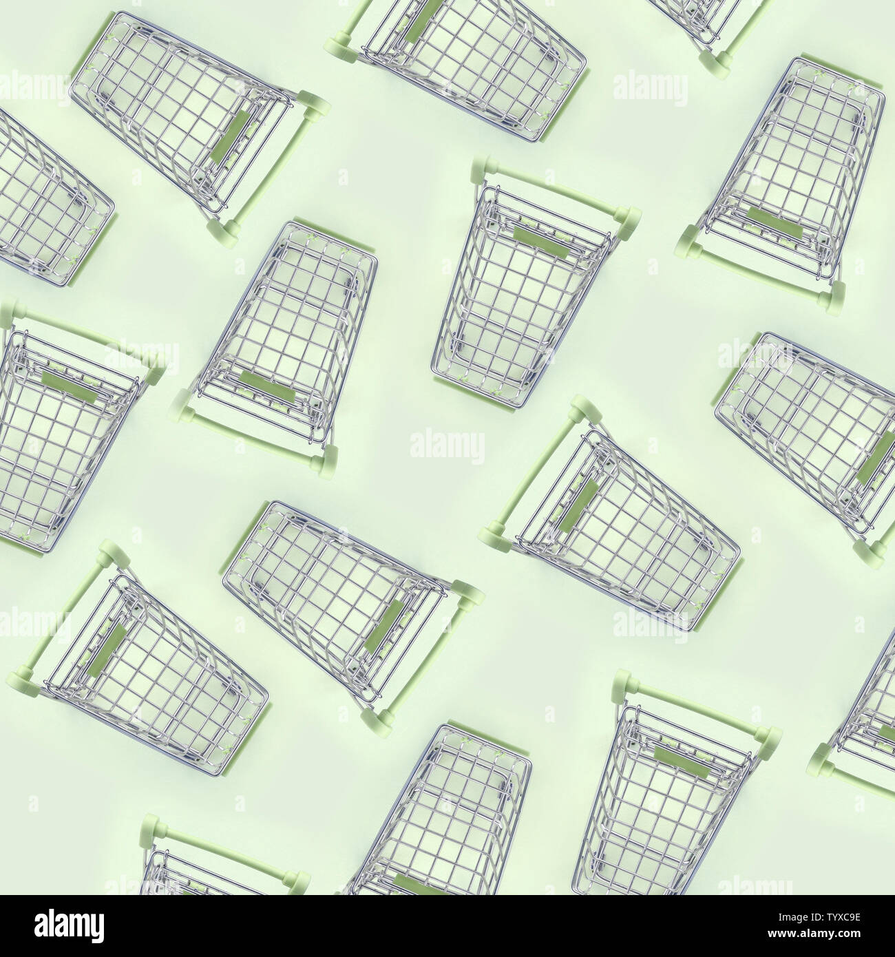Pattern of many small shopping carts on a lime background. Minimalism ...