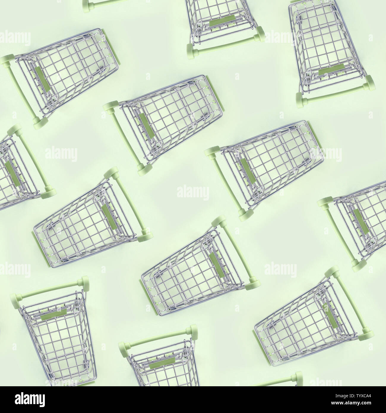 Pattern of many small shopping carts on a lime background. Minimalism ...