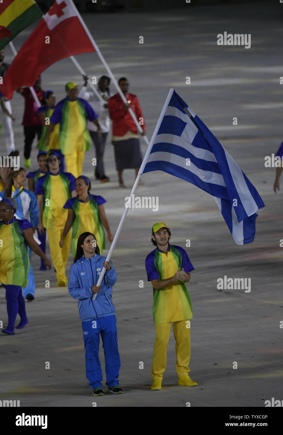 The Greek flag leads the parade during the Closing Ceremony in Maracan ...