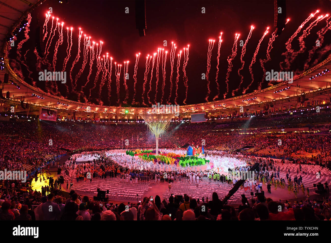 Fireworks light up the venue at the 2016 Rio Summer Olympics in Rio de ...