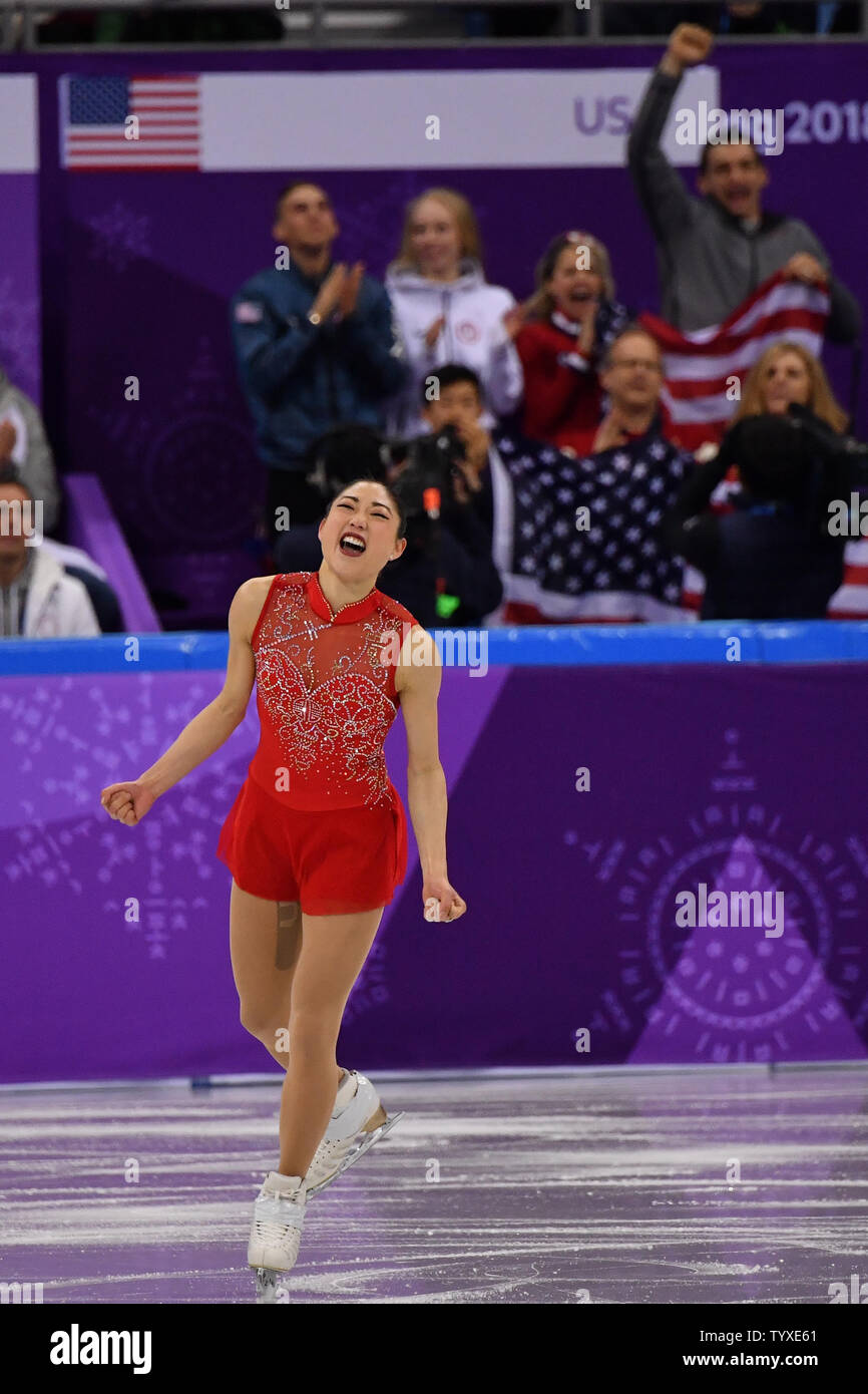 Mirai Nagasu of the USA jubilates after her performance in the Ladies ...