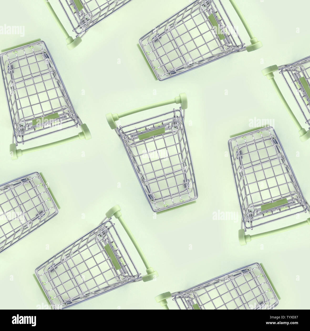 Pattern of many small shopping carts on a lime background. Minimalism ...