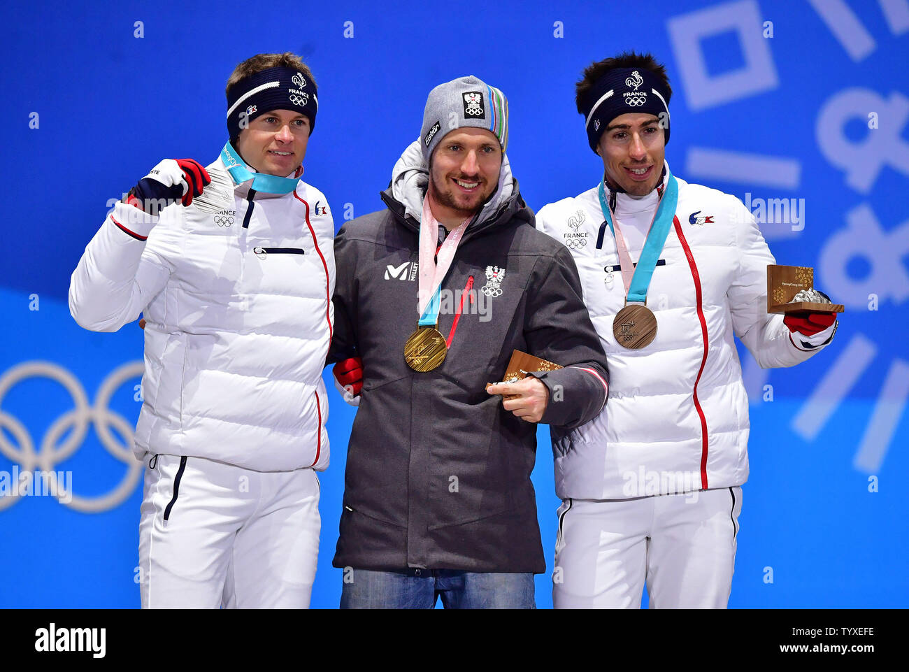 Silver medalist France's Alexis Pinturault (L), gold medalist Austria's ...