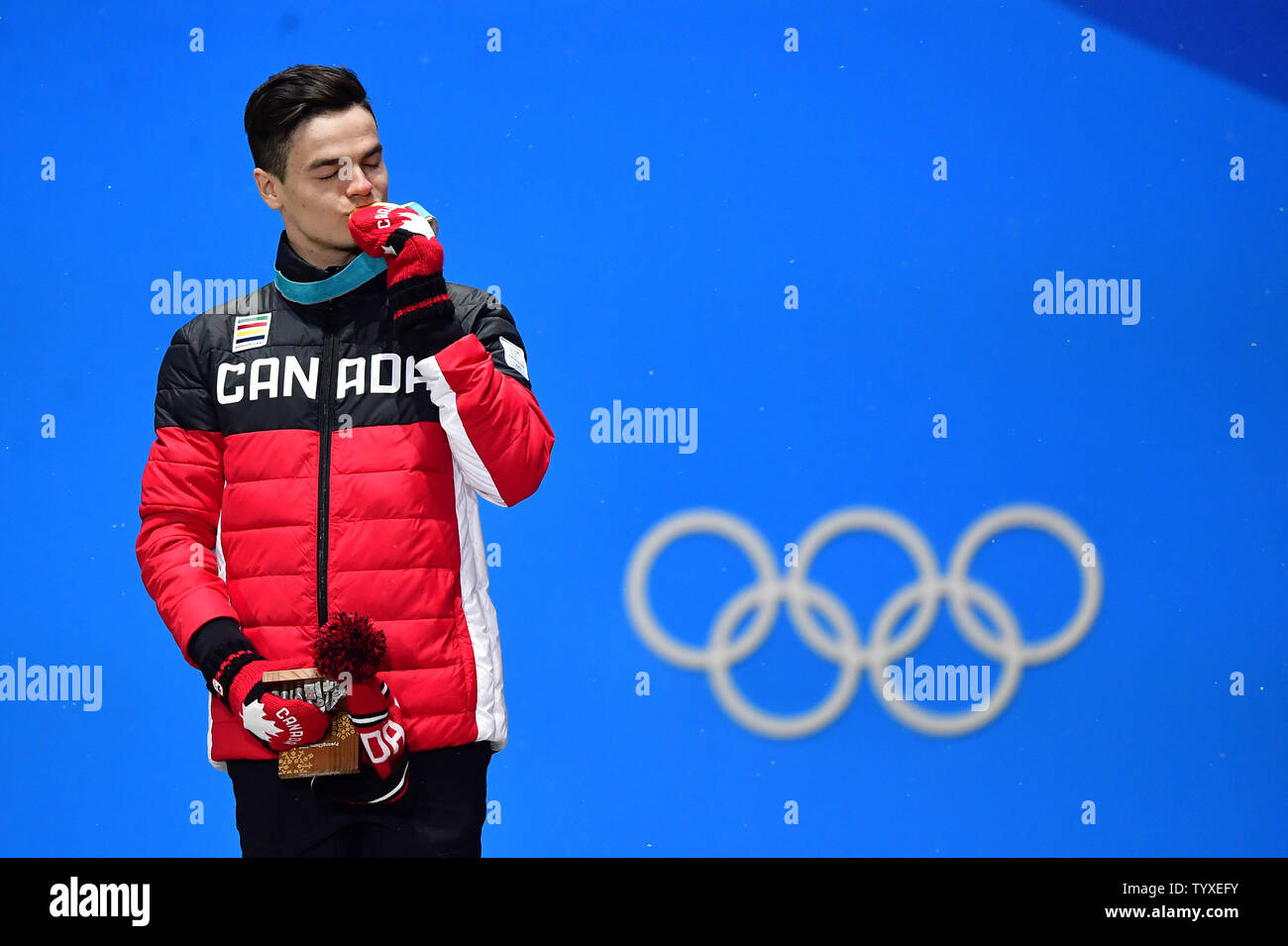 Gold medalist Austria's Marcel Hirscher kisses his medal during the ...