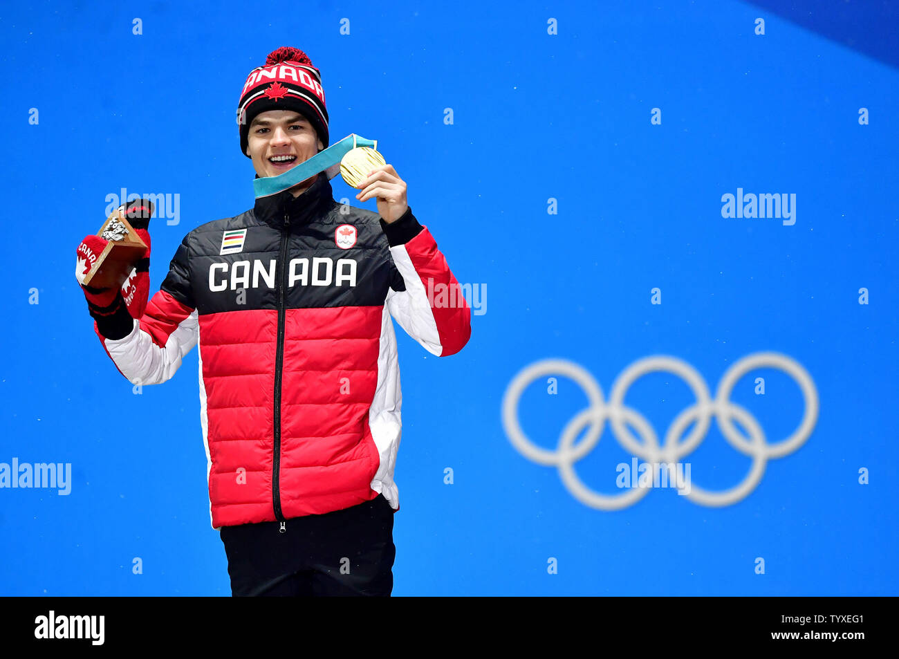 Gold medalist Austria's Marcel Hirscher celebrates during the medal ...