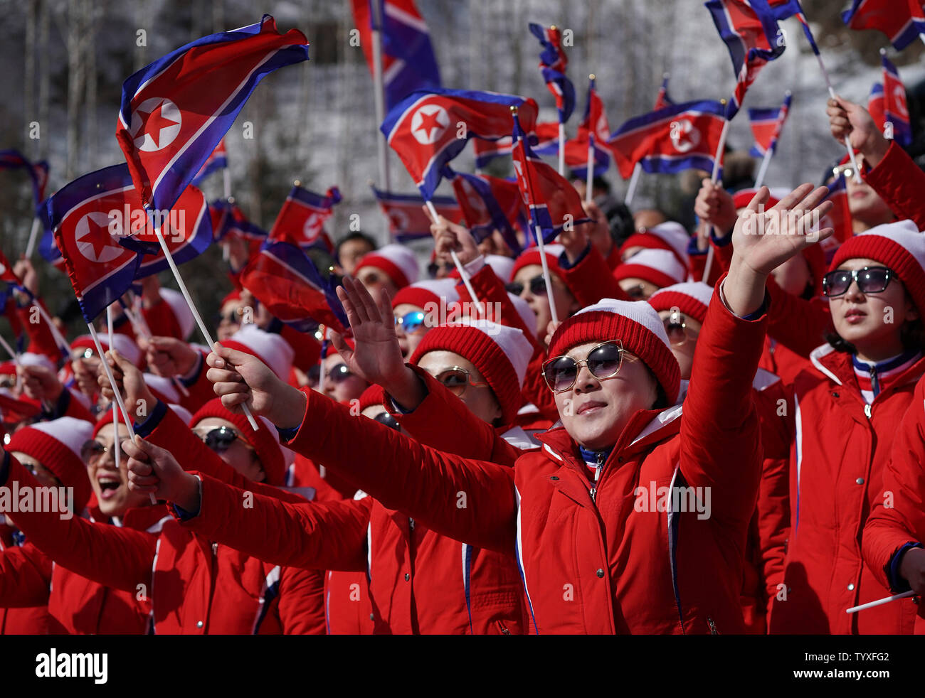 North Korean cheerleaders cheer during the Ladies' Slalom at the ...